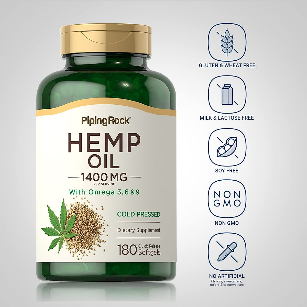 Piping Rock Hemp Oil Capsules 1400mg | 180 Softgels | Omega 3 6 9 | Cold Pressed | Gluten Free Supplements, Non-GMO