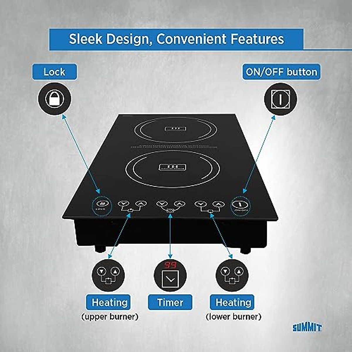Summit SINC2220 12-inch 2 burner Digital Electric Induction Cooktop with 7-piece cookware set, Jet Black Glass, 230V, 3100W, LED Display, 8-Power Level, Timer, Easy Plug-In, Easy to Clean