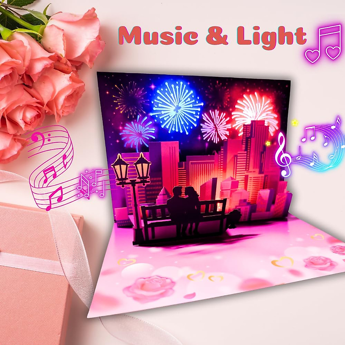 APOTODITO Anniversary Pop up Cards, Musical Anniversary Card with Light and Music, Happy Anniversary Cards for Men Women Couple Wife Husband Valentine (Pink)