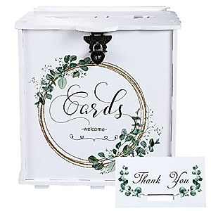Wedding Card Box Elegant White Wooden Wedding Card Box with Lock for Wedding Reception Anniversary Graduation Birthday Parties Baby Shower Large Card Holder, 9.9 x 9.8 x 8.5 Inches