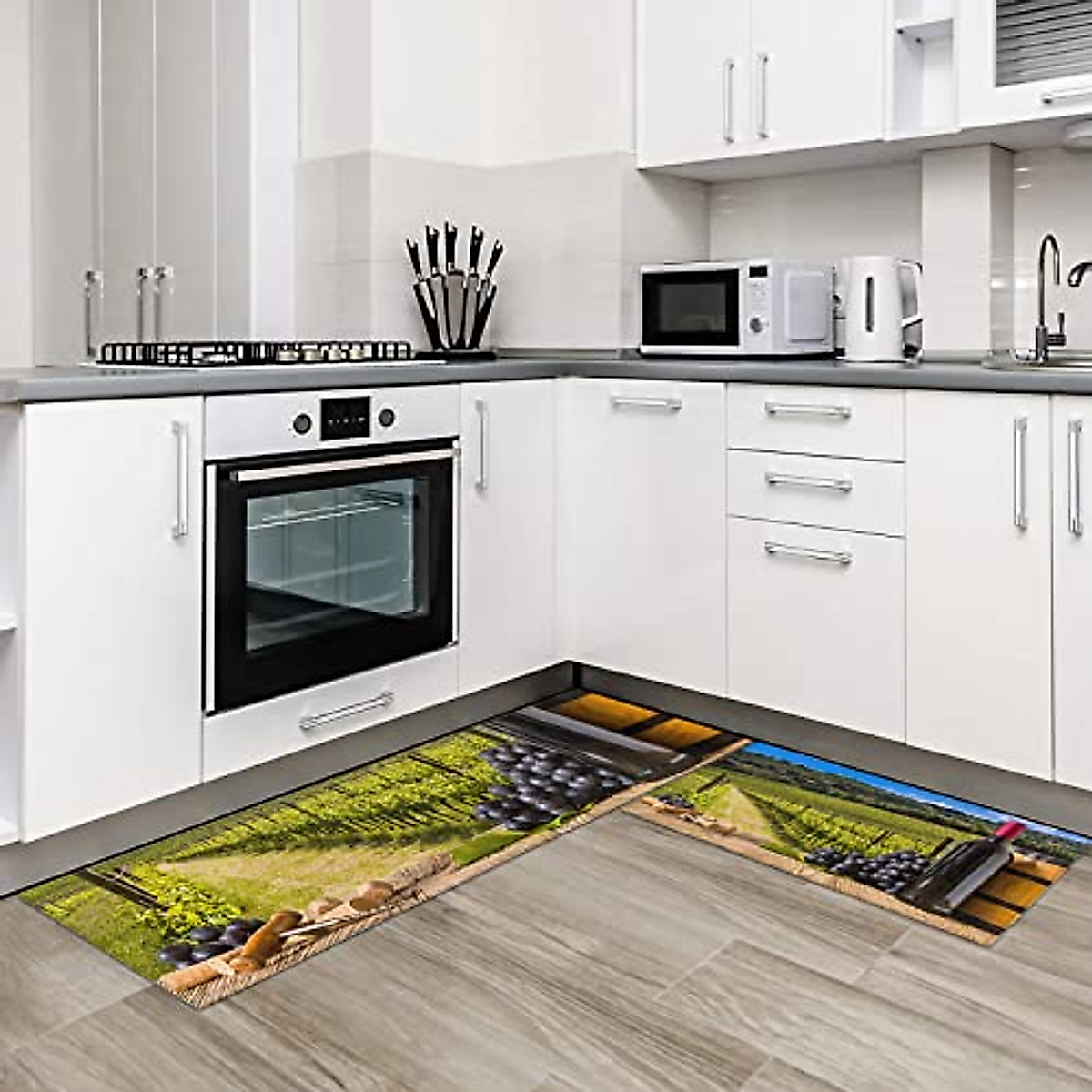 Miaklek Red Wine Kitchen Mats for Floor Anti Fatigue Mats for Kitchen Floor Kitchen Rugs Cushioned Mats Non Slip Comfort Standing Kitchen Rugs Set of 2, Grassland Sky Wine Cask