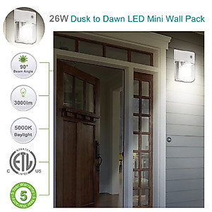 CINOTON 26W LED Wall Pack Light with Dusk to Dawn Sensor, 3000LM[100-277Vac/160W HID/HPS Equiv.] IP65 Waterproof Outdoor Security Flood Lighting for Garage Warehouse Garden 5000K-Daylight 2 Pack-White