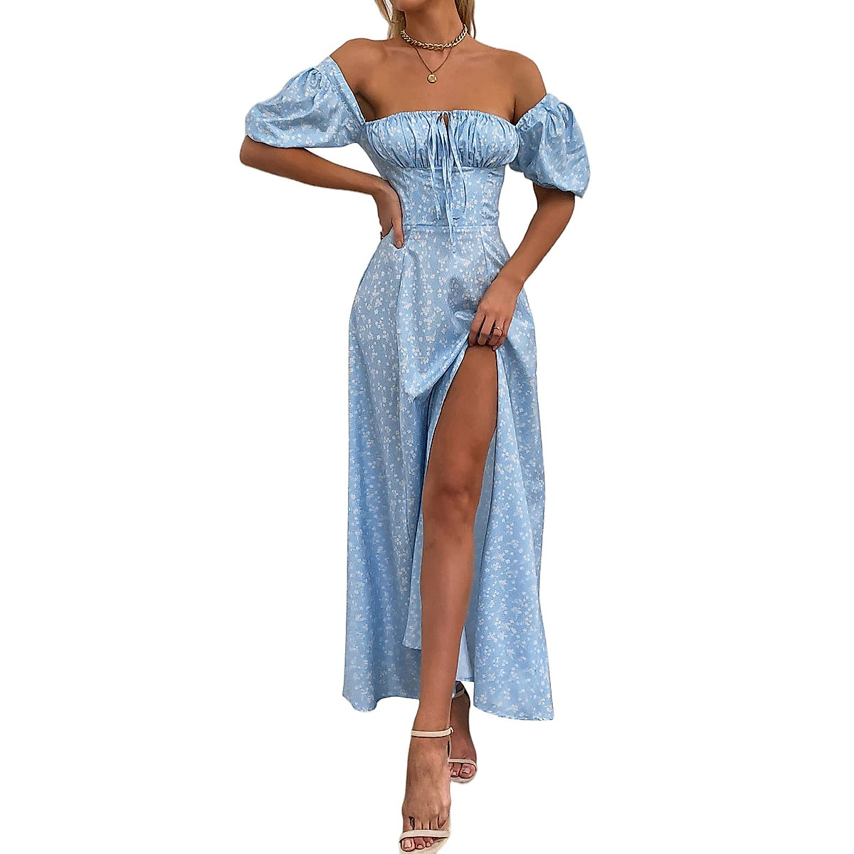Women's Summer Puff Sleeve Floral Split Maxi Dress Flowy A Line Casual Beach Long Dresses-SkyBlue-XL