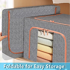 100L Large Storage Bags,Linen Stackable Clothes Storage Bins with Hold Shape Metal Frame,2 Opening Ways Fabric Visible Lidded Foldable Closet Organizers for Seasonal Clothing,Bedding (4, 100L)