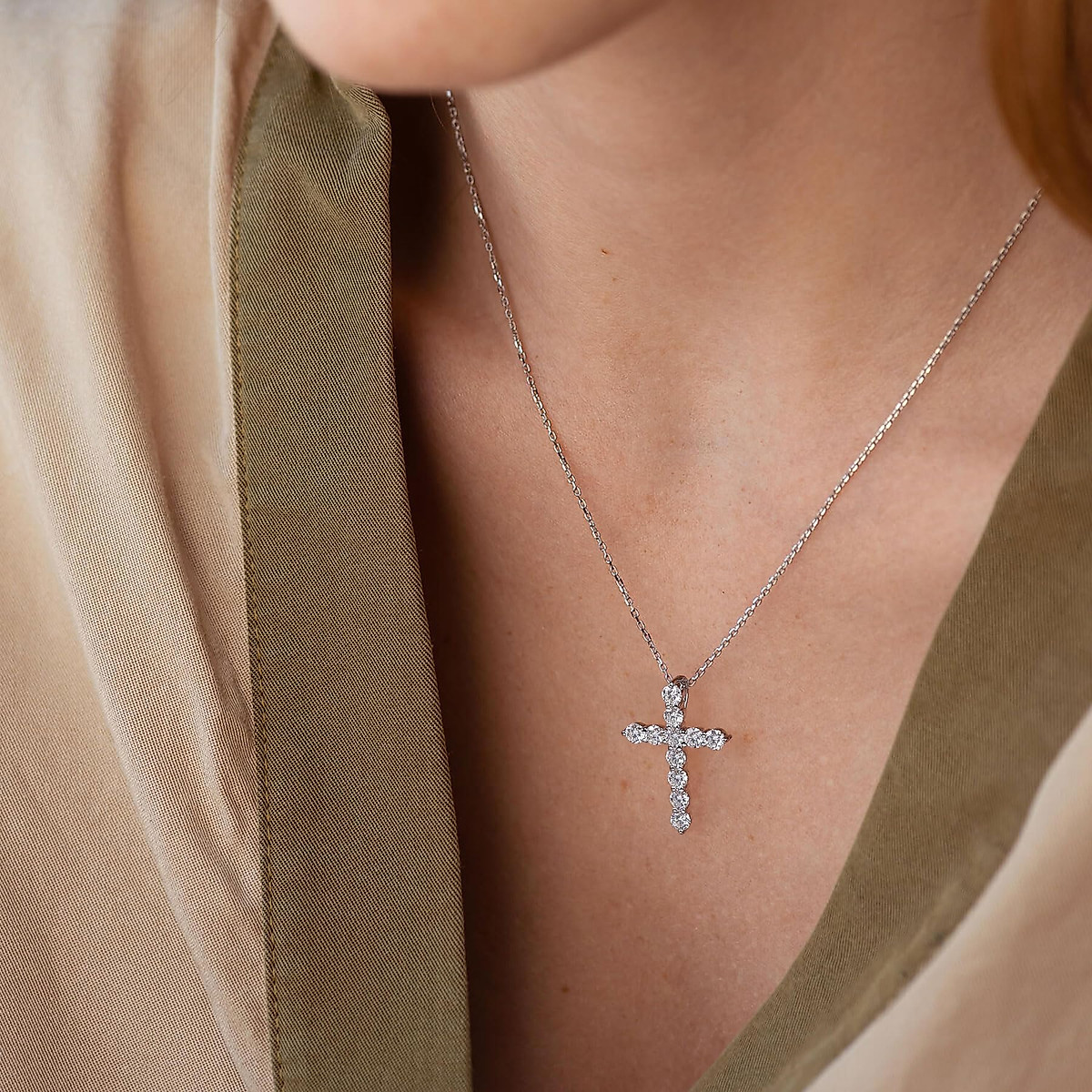 Ladylike 18K Gold Plated Sterling Silver Moissanite Cross Pendant Necklace for Women, with 11 Pieces of 3mm VVS1, D moissanites,Small and Exquisite Necklace,16+2" inches Necklace Chain (Silver)