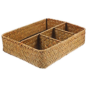 Storage Basket Seagrass Storage Basket, Rectangular Household Organizer Boxes with 4 Compartments, Wicker Rattan Divided Basket Organizer for Organize Snack