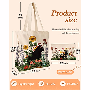 Miss Adola Aesthetic 2 Set Canvas Tote Bag - with Cosmetic Makeup Zipper Pouch Bag for Women Cloth Cotton Tote Bag for Shopping, Gym, Work, Travel, Vacation, Grass Cat