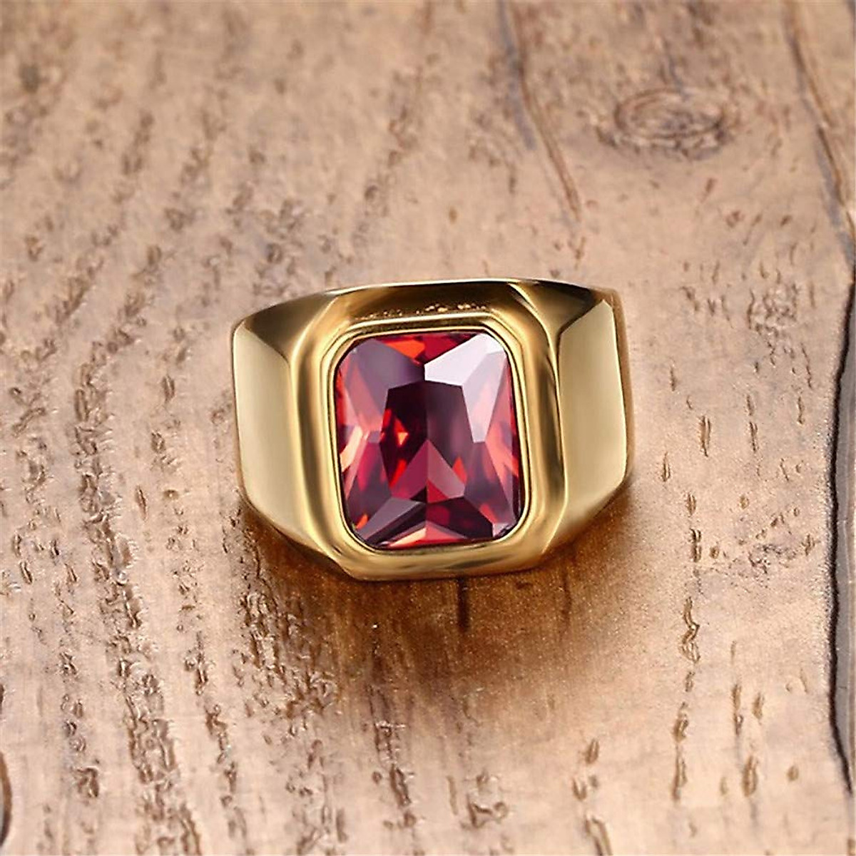 PMTIER Men's Stainless Steel Simple Gold Plated Ring with Square Red Gem Stone Size 10