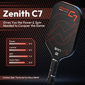 A11N Zenith C7 Pickleball Paddle 16mm | T-700 Carbon Fiber with Foam Injected Walls | Enlarged Sweet Spot | Elongated Shape | Red