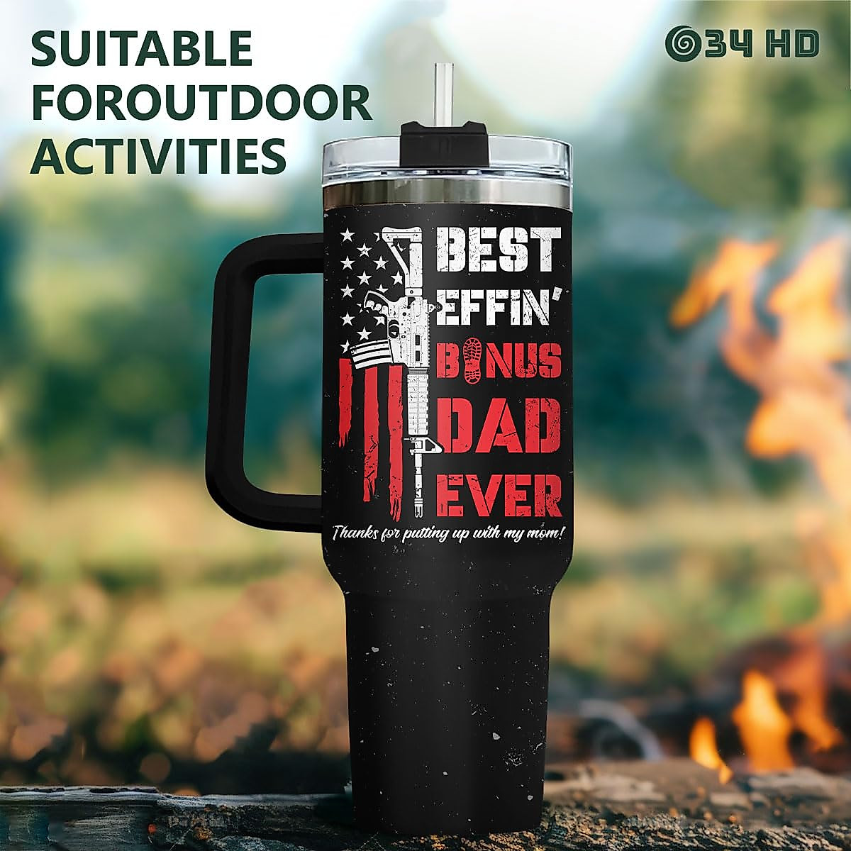 34HD Best Bonus Dad Tumbler with Handle & Straw, 40oz Vacuum Insulated Stepdad Cup with Nutrition Facts, Birthday Christmas Father Day Gifts for Adopted Stepup Dad Chosen Papa Stepfather