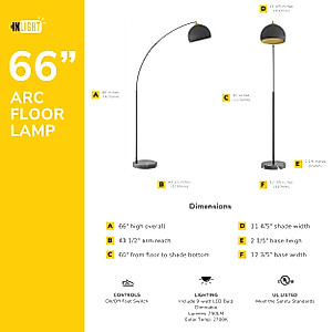 GETINLIGHT 66" Modern Black Metal Arc Floor Lamp with Inner Gold Metal Shade and Black Marble Base, LED Bulb Included, IN-0806-1-BK