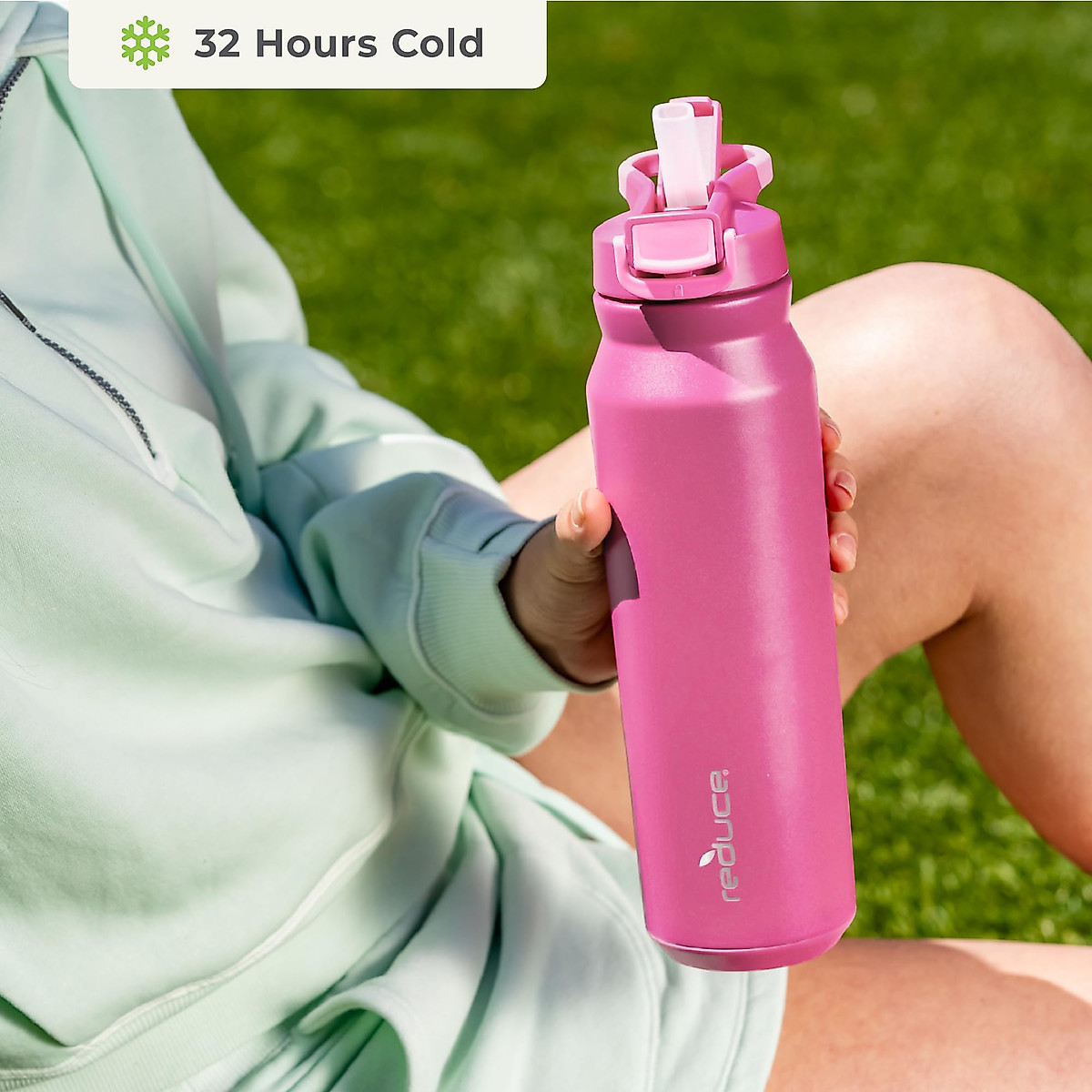 REDUCE 32 oz Hydrate Pro Stainless Steel Insulated Water Bottle - Flip Top Leak-Proof Lid, Dishwasher Safe, BPA-Free, Dual Wall Vacuum, Keeps Drinks Cold for 48 Hrs, Cup Holder Friendly - Glacier