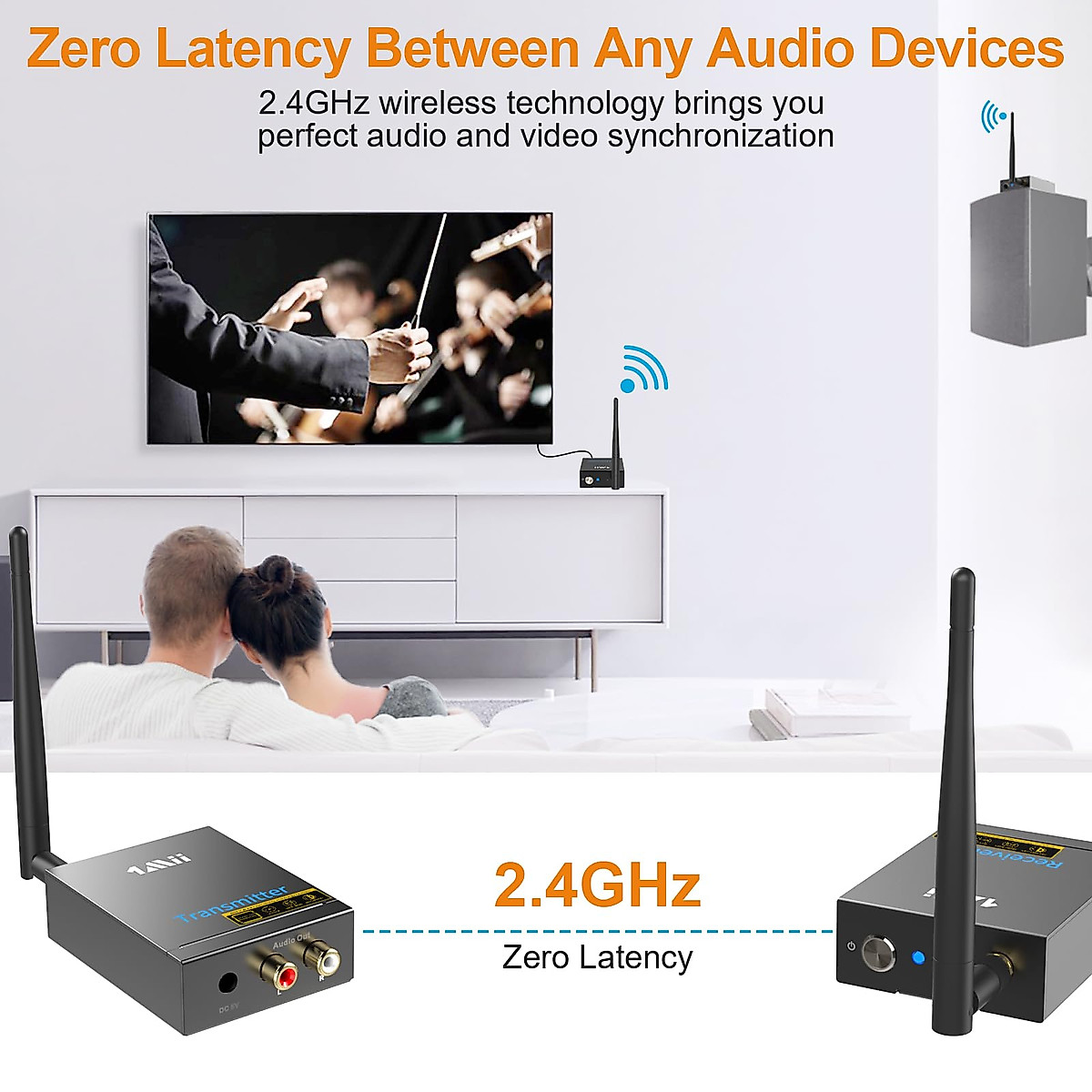 1Mii 2.4Ghz Wireless Audio Transmitter Receiver for TV, 320ft Long Range 20ms Low Delay 192kHz/24bit HiFi Audio, Wireless Adapter Kit for Subwoofer/Powered Speaker/Stereo/Soundbar, RCA(3.5mm)Out/input