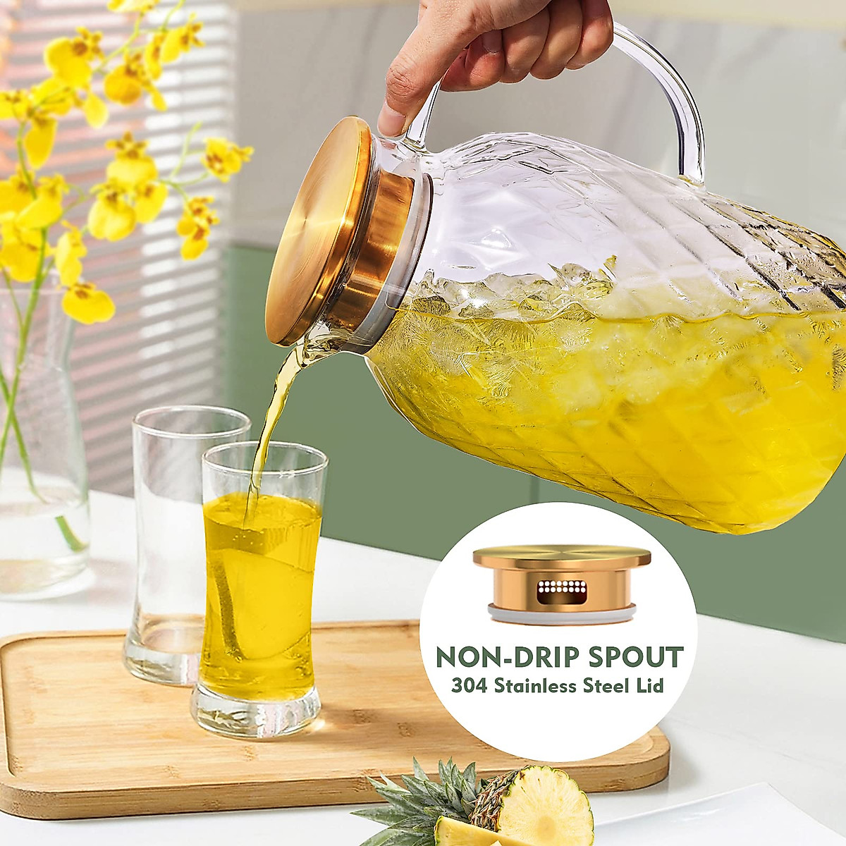 Glass Pitcher,68 oz / 2 Liter Glass Pitcher with Lid,Iced Tea Pitcher,Glass Water Pitcher,1.76qt Drink Pitcher with Lid,Glass Water Jug