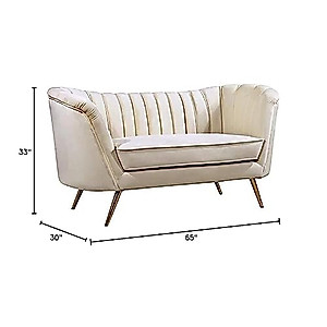 Meridian Furniture Margo Collection Modern | Contemporary Velvet Upholstered Loveseat with Deep Channel Tufting and Rich Gold Stainless Steel Legs, Cream, 65" W x 30" D x 33" H