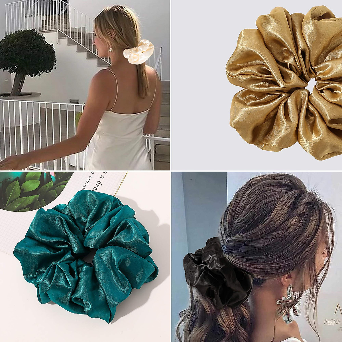 Ivyu Silk Scrunchies Satin Hair Ties for Women - 4 Psc Oversize Soft Big Scrunchies for Women Ligas Para El Cabello De Mujer Decorations Large Hair Scrunchy Elastic Ponytail Hair Band Gift for Girls