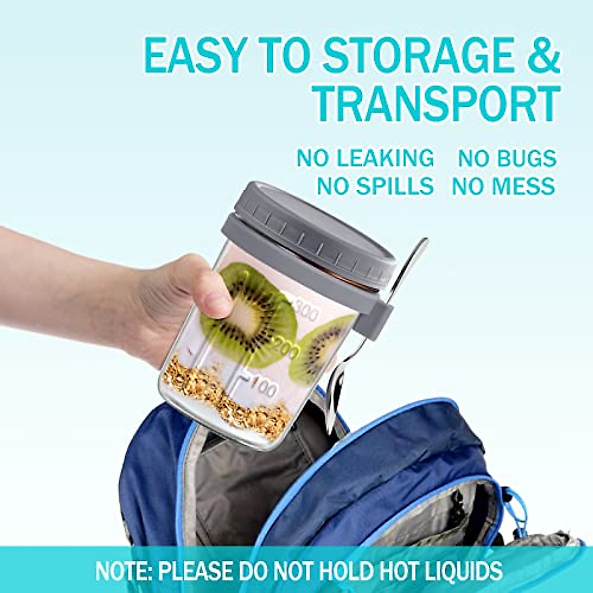 Alitake Overnight Oats Container with Lid and Spoon - 16 oz Glass Overnight Oats Jars with Measurement Mark - 4 Pcs Portable Large Capacity Airtight Mason Jars for Overnight Oats, Cereal, Milk, Fruit