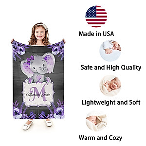 Custom Baby Blanket with Name for Baby Boy Girls，Personalized Purple Elephant Flower Design Soft Throws Blanket for Kids Toddler Swaddling Birthday Gifts
