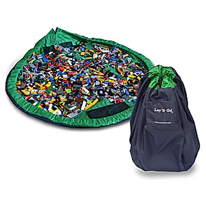 Lay-n-Go 2-in-1 Extra Large Portable Drawstring Toys Storage Organizer and Play Mat for Room and Travel, Made for Kids and Toddlers with a Durable Patented Design, 60 inch, Green