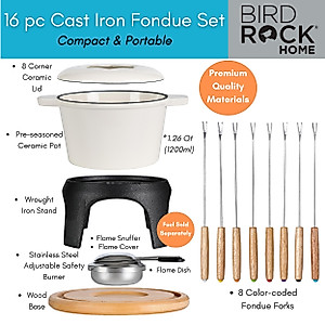 BIRDROCK HOME Cast Iron Fondue Pot Set | 8 Fondue Forks, Chrome Safety Burner | Chocolate, Cheese, Melting, Dip Warmer, Mini Fountain, Covered Strawberries | Wedding Gifts, Hosting Essentials | Cream