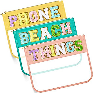 3 Pcs Chenille Letter Clear Zipper Pouch for Travel Waterproof Cosmetic Pouch Clear Snack Bags Nylon Travel Gym Beach Bag Multipurpose Makeup Bag for Women Girl (Candy Color, Beach, Phone, Things)
