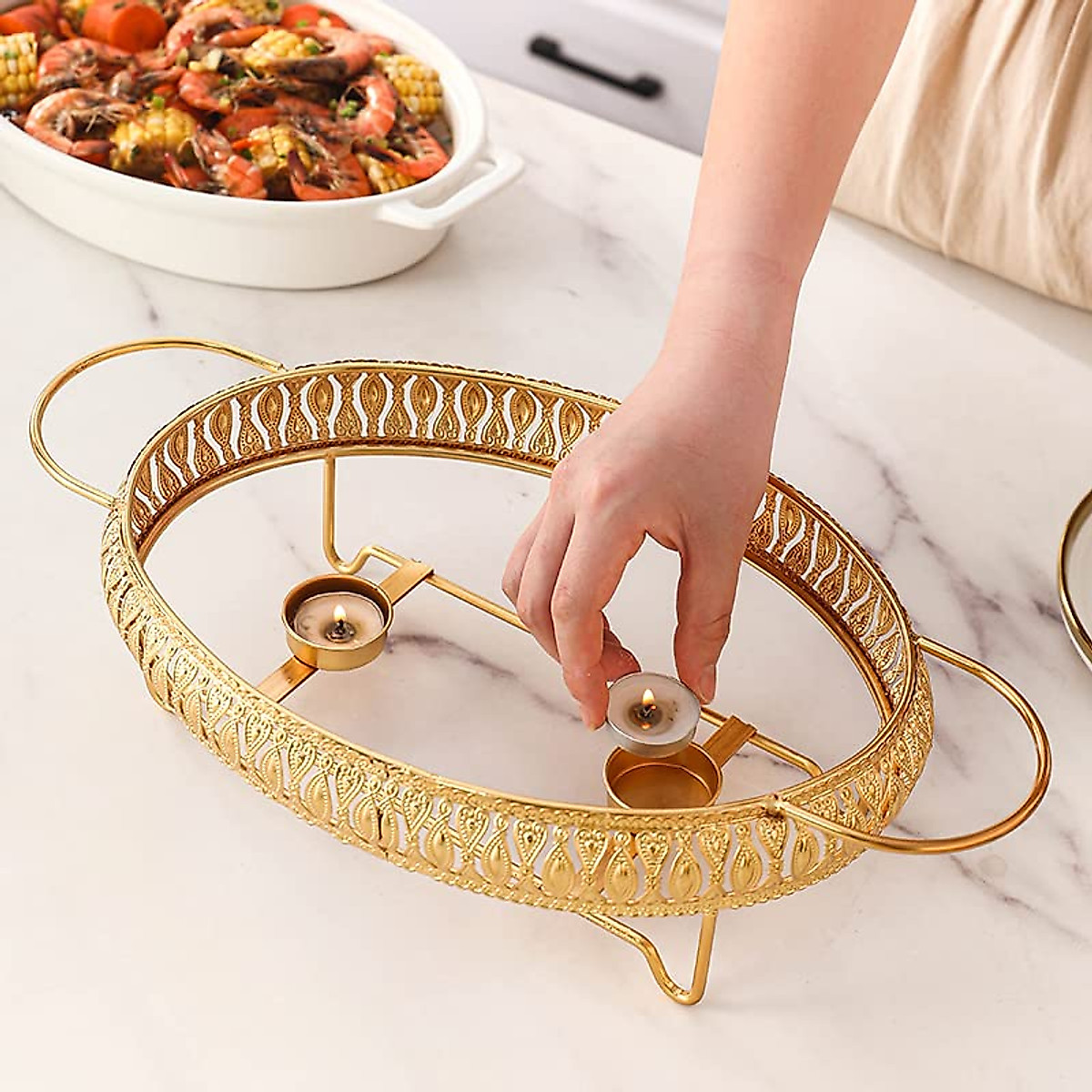 HONHPD 3 Piece Set Stainless Steel Oval Chafing Dish Buffet Set, Ceramic Marble Finish Chafer with Glass Lid, Chafer and Buffet Warmer Set for Buffet Weddings Parties Banquets, Golden