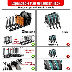 GeekDigg Pot Organizer Rack for Cabinet, Adjustable and Expandable 8+ Pans Pots Lid Organizer Rack Holder, Cabinet Pantry Countertop Bakeware Organizer
