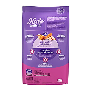 Halo Holistic Dog Food, Complete Digestive Health Grain Free Cage-Free Turkey and Sweet Potato Recipe, Healthy Weight Support, Dry Dog Food Bag, Adult Formula, 21-lb Bag