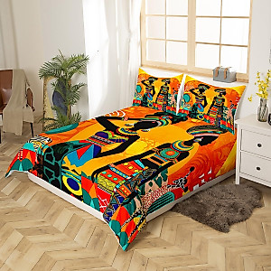 Feelyou Black Woman Bedding Set Ethnic Afro African Comforter Cover Set Traditional Exotic Duvet Cover Set Tribal Quilt Cover 1 Duvet Cover with 2 Pillowcases King