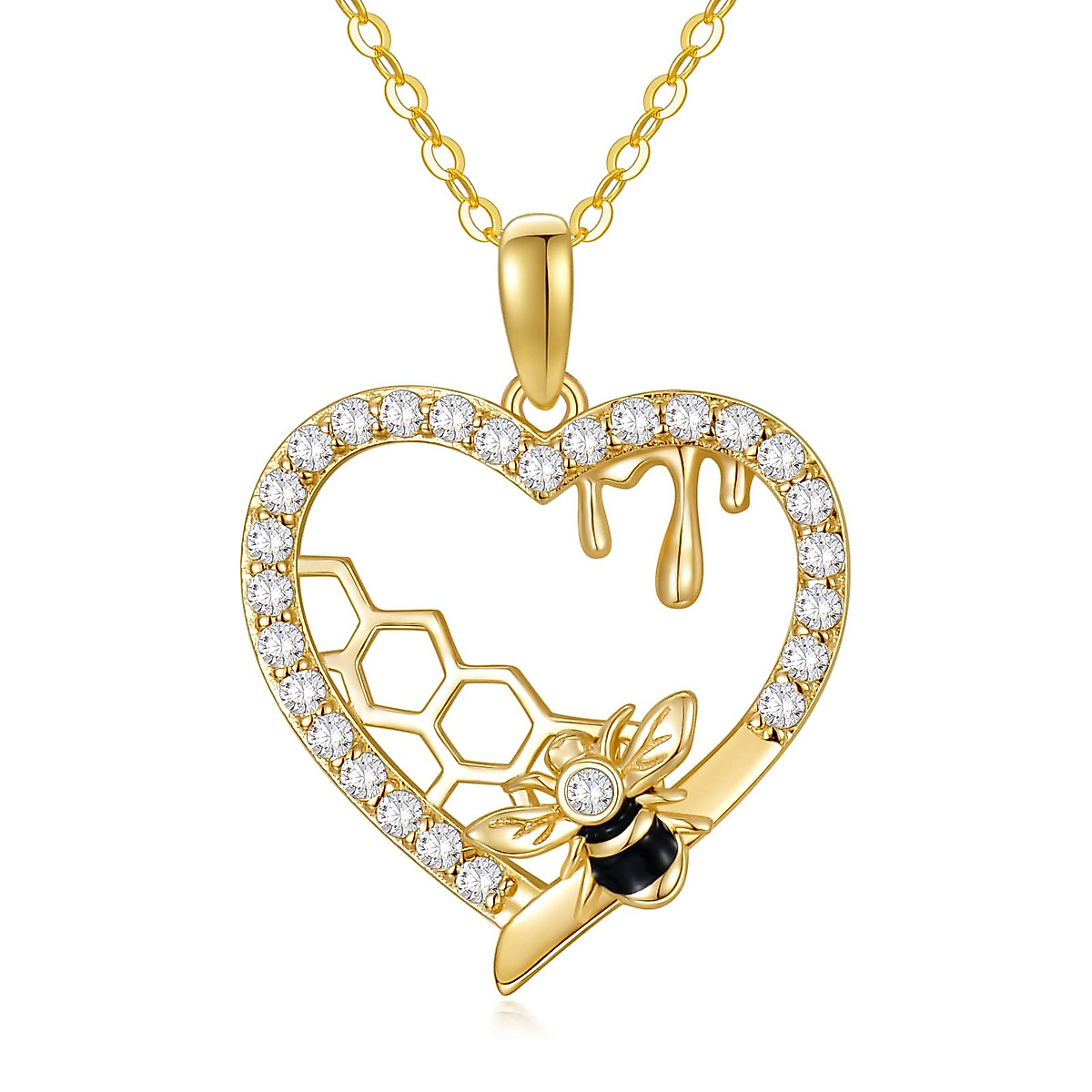KECHO Gold Bee Necklace Gifts for Mom Women 14k Yellow Gold Honeycomb Honey Bee Pendant Necklaces Love Heart Jewelry Gifts for Women Her Wife