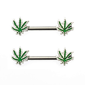 Luxe Modz Marijuana Weed Leaf Nipple Rings 14G Surgical Steel Nipple Ring Barbell Nipple Piercing Jewelry for Women 14mm - 9/16" Barbell Pot Leaf Green Nipplerings (Set of 2)
