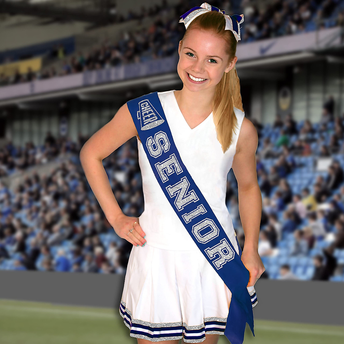 Navy Blue Cheer Senior Sash - Silver Glitter Cheer Senior Navy Blue Premium Grade Satin Sash - Senior Night Supplies for Cheerleaders - Navy Blue Satin (SLV Cheer)