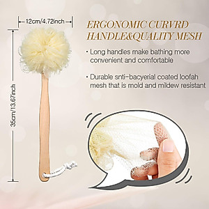 4 Pieces Loofah Back Scrubber Bath Sponge with Wooden Handle Long Handle Sponge Mesh on a Stick for Shower Exfoliating Bath Body Brush Luffa Back Brush for Women Men (White, Grey, Blue, Green)
