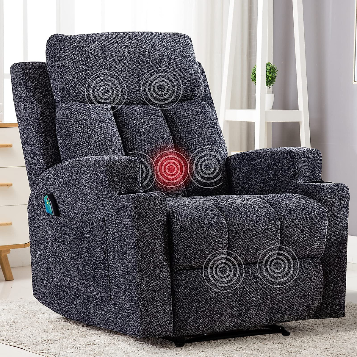 ANJ HOME Manual Massage Recliner Chairs with Heat for Living Room, Overstuffed Breathable Fabric Reclining Chair with Side Pockets and Cup Holders, Single Sofa Home Theater Seating, Dark Grey