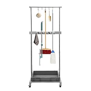 Broom mop Holder Cleaning Supplies Organizer Janitor Carts on Wheels, Movable Floor-Mounted Mop Rack, Housekeeping Station Storage Tools, for Garage, Garden, Closet