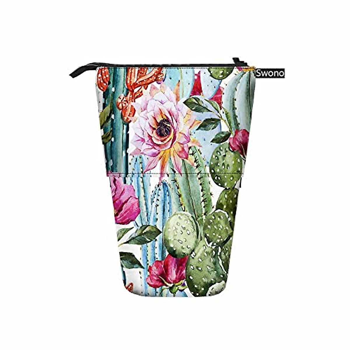 Swono Cactus Floral Pencil Case Bright Tropical Flowers Roses Cacti Watercolor Standing Pencil Case Pencil Holder Pencil Pouch Cosmetics Pouch Makeup Office Bag Colorful