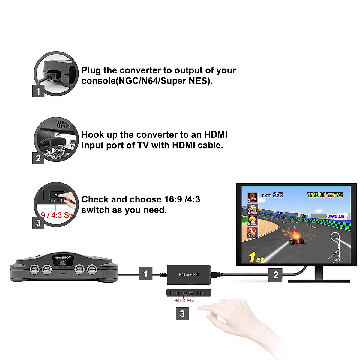 New N64 HDMI Converter Support 16:9/4:3 Conversion,N64 to HDMI Converter Compatible with Nintendo 64/ Game Cube/ SNES