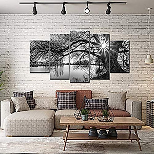 sechars - 5 Pieces Wall Art Old Tree by Lake Picture Canvas Prints Sunrise Painting Black and White Landscape Canvas Art Modern Wall Decoration Framed and Ready to Hang