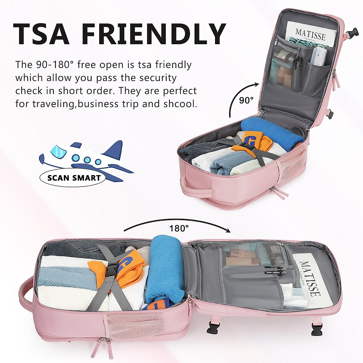 Snoffic Travel Backpack for Women, Large Carry On Backpack for Travel, Waterproof Backpack Personal Item, Backpack for Women, 17.3 Inch Laptop Backpack, College Bag Casual Daypack, Pink