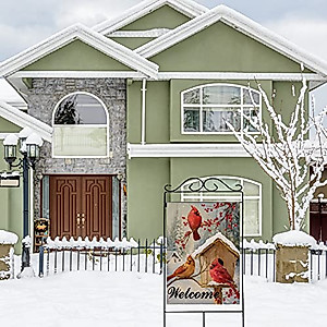 Artofy Welcome Winter Cardinals Red Birds Home Decorative House Flag, Birdhouse Berries Tree Garden Yard Outside Decor, Christmas Snow Farmhouse Outdoor Large Seasonal Decoration Double Sided 28x40