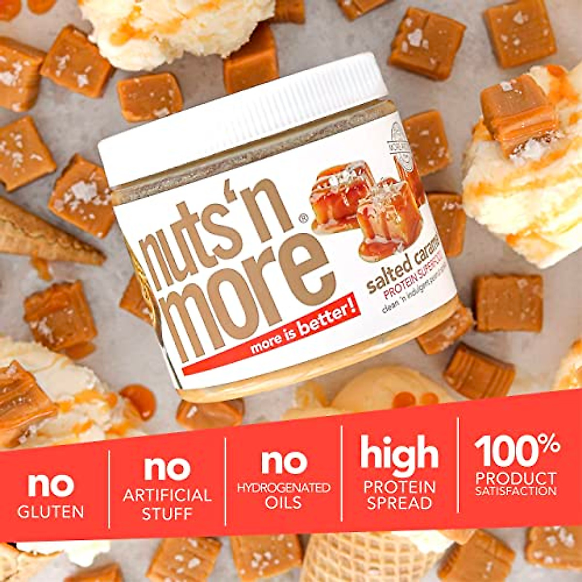 Nuts ‘N More Salted Caramel Peanut Spread, All Natural Snack, Low Carb, Low Sugar, Gluten Free, Non-GMO, High Protein Flavored Nut Butter (15 oz Jar)