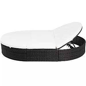 vidaXL 2-Person Patio Sun Lounger Bed Black Rattan Garden Daybed Chaise Lounger with Adjustable Backrests and Cushion Outdoor Backyard Lawn Furniture 78.7" x 55.1" x 11" (L x W x H)