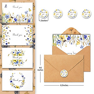 24 Pack Thank You Cards With Envelopes(4 Assorted),Wildflower Greeting Cards for Birthday Wedding Baby Shower Bridal Shower Small Business Party Supplies,Better Decorate Your Thank You Gifts