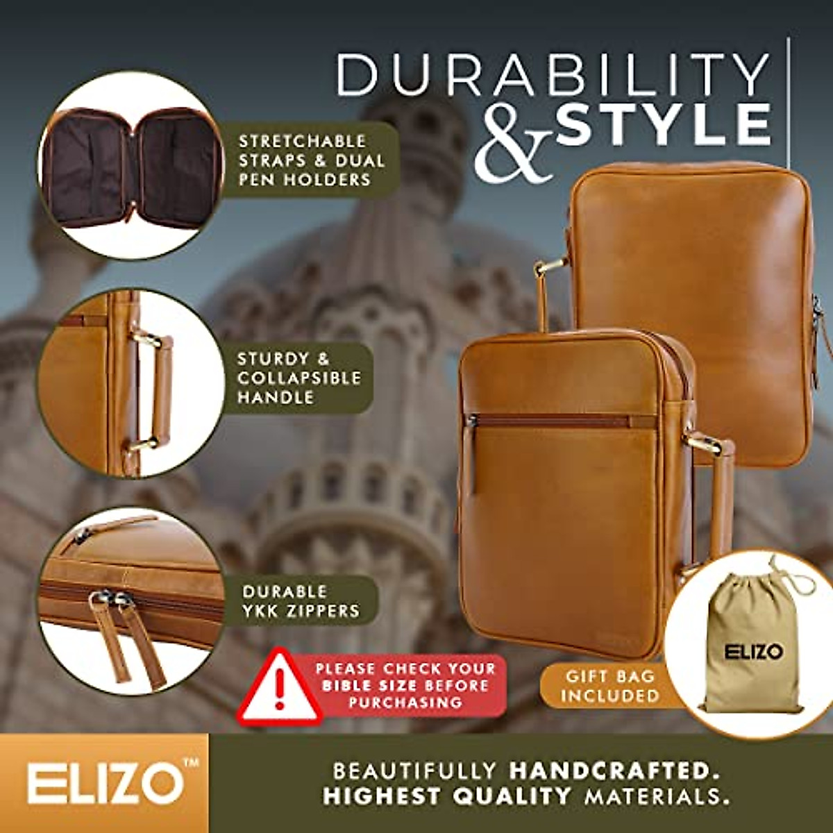Elizo Genuine Real Leather Bible Cover with Zipper, Bible Case for Women Bible Cover for Men Medium, Bible Bag Book Cover Bible Holder Bookmark Religious Christian Gifts Carrying Case, Savanna