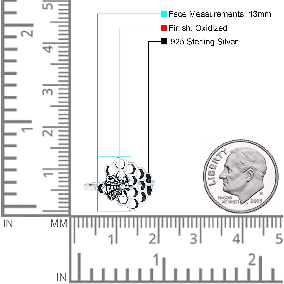 Blue Apple Co. Sterling Silver Size-9 Bee and Honeycomb Ring Band Oxidized 925 Sterling Silver