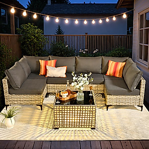 CAODOC 7-Piece Wicker Patio Furniture Set, Boho Outdoor Conversation Set Sectional Sofa with Water Resistant Beige Thick Cushions and Coffee Table