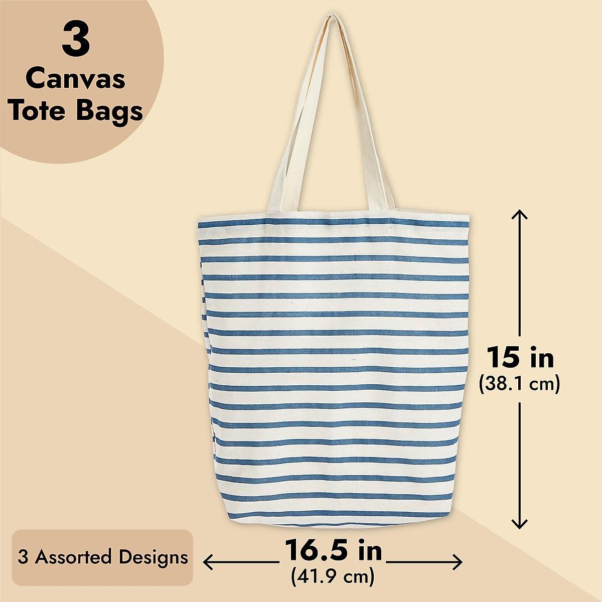 Juvale 3 Pack Small Reusable Tote Bags for Women, Canvas Cloth Bags for Shopping, 3 Designs (15 x 16.5 In)
