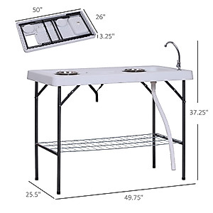 Outsunny Folding Fish Cleaning Table with Sink, Portable Camping Table with Faucet Drainage Hose, Grid Rack and Fish Cleaning Kit for Picnic, Fishing, 50"