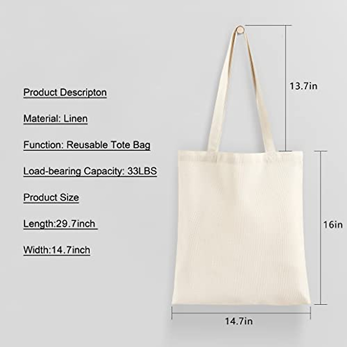 Joywell Linen Tote Bags Super Durable Reusable Grocery 5 Pack Shopping Bag Natural Cloth Blank Large Tote Bags Machine Washable Women Fashionable Crafts White Bag Suitable for DIY Gift Activity Beige