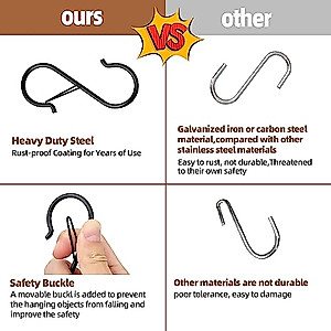 Yzerel 12Pcs S Hooks Hanging Safety Buckle - 3.5 inch Heavy Duty S Hooks,Hanging Plants for Closet Hooks, Clothes, Kitchen Utensil, Pots and Pans, Bags (Black)